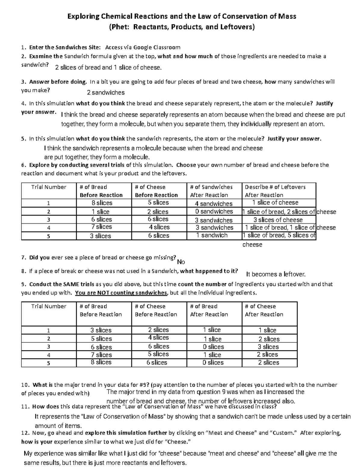 Phet Simulation: Reactants, Products & Leftovers in Chemical Reactions ...