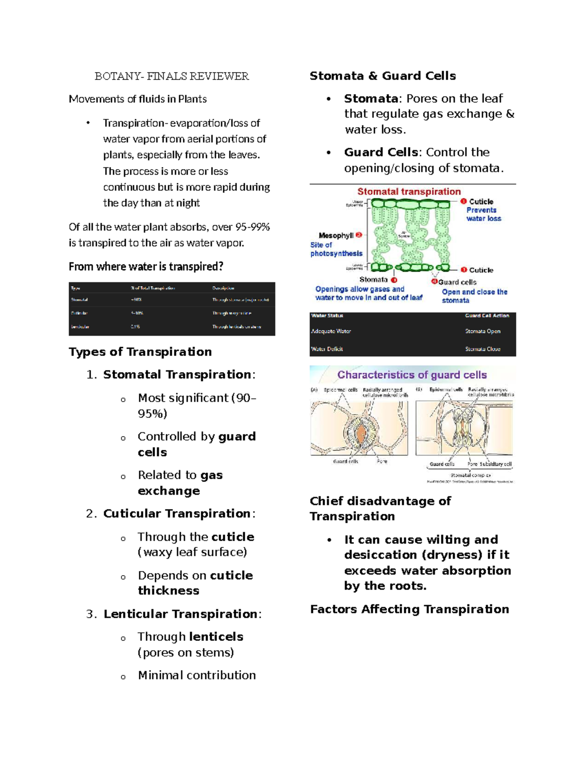 Final Exam Reviewer: Fluid Movements & Photosynthesis in Plants (BOT ...