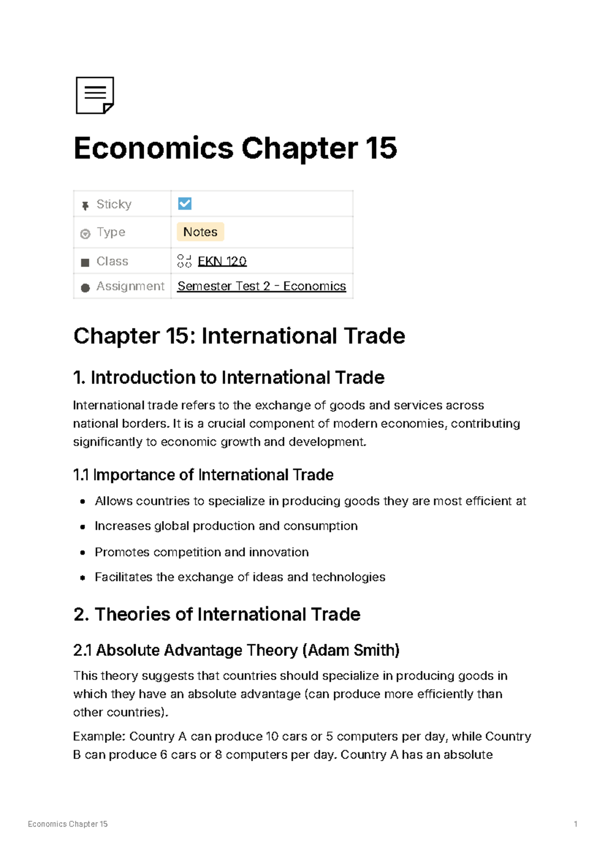 EKN 120 Semester Test 2: International Trade Chapter 15 Notes - Studocu
