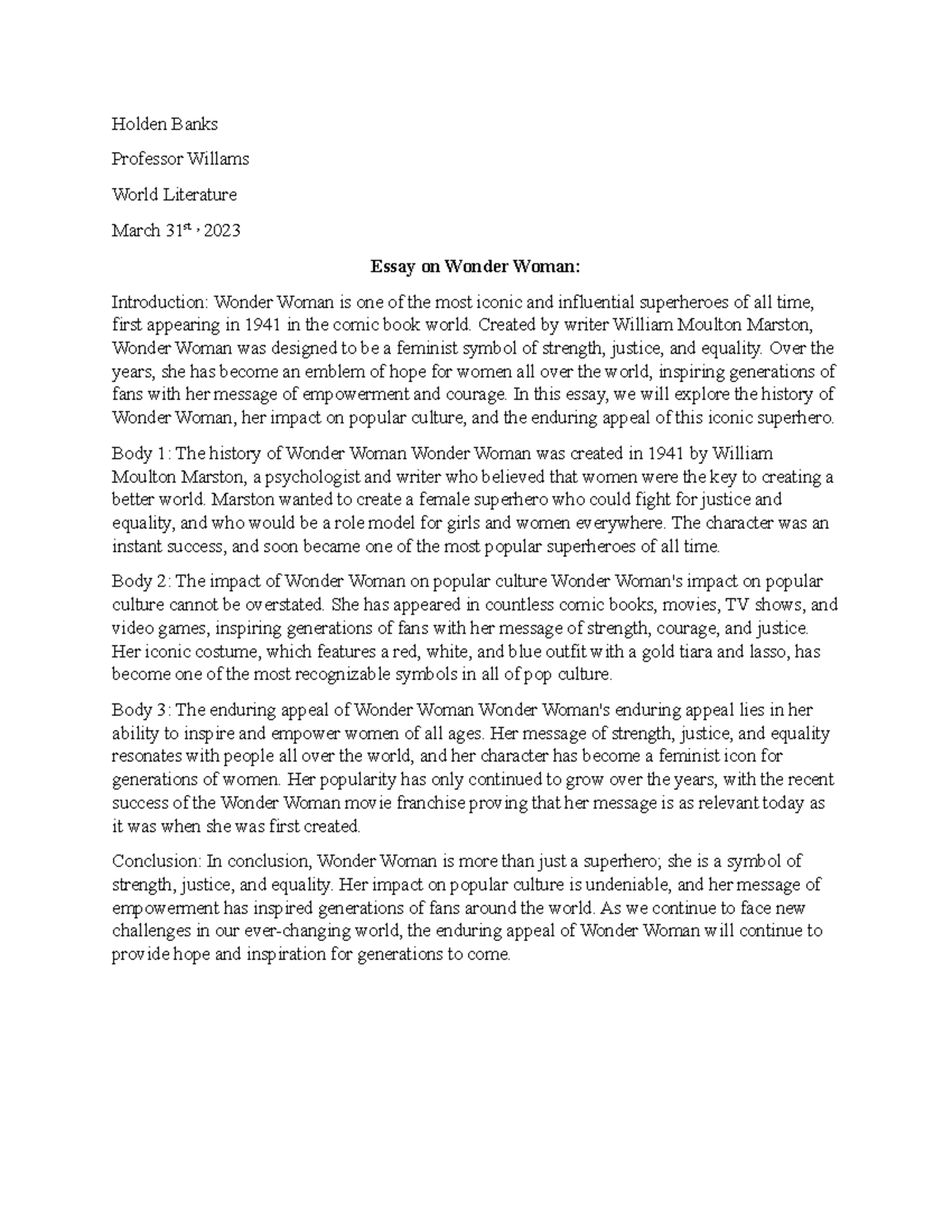 Essay on Wonder Woman - Holden Banks Professor Willams World Literature ...