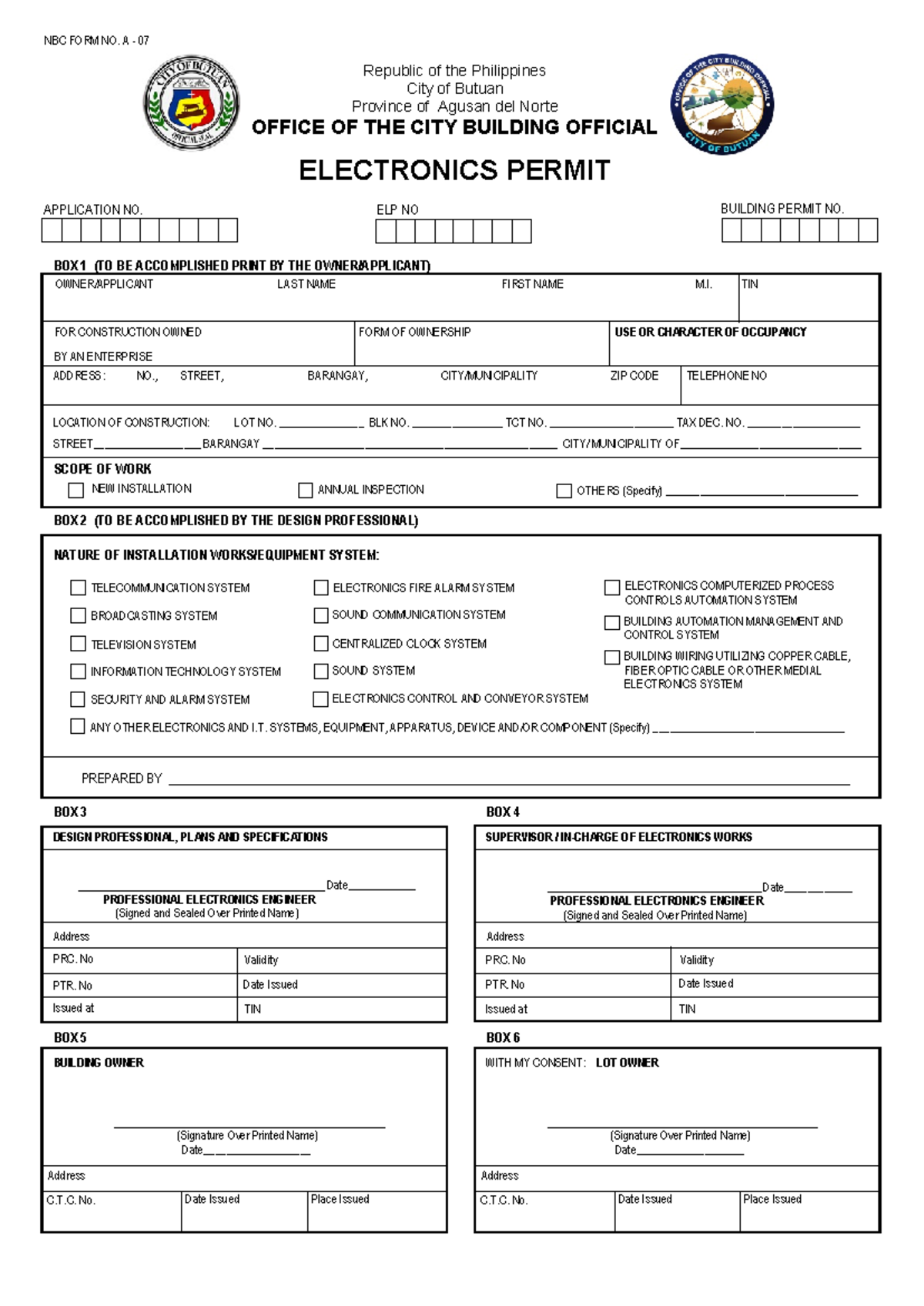 Electronics Permit Application Form - NBC FORM NO. A 07 - Studocu