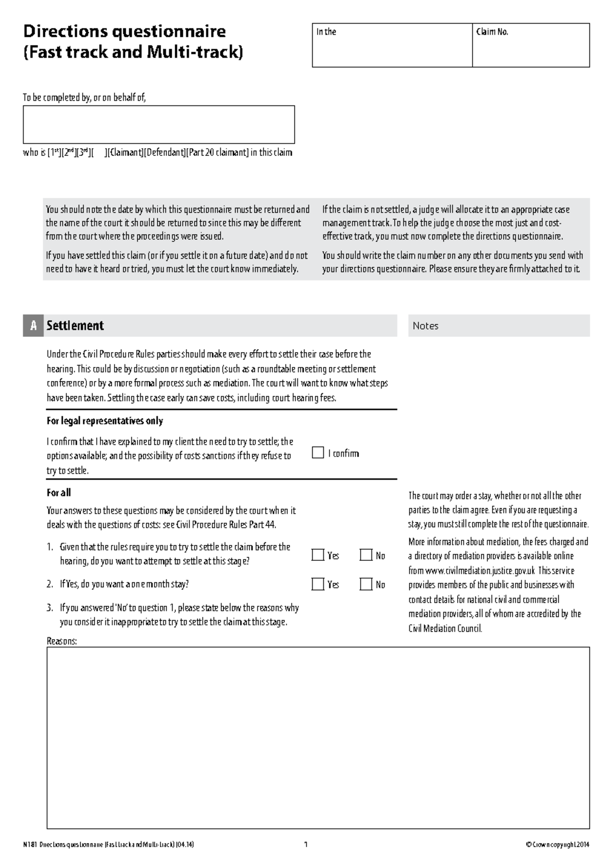 N181 Directions Questionnaire for Settlement in Civil Procedure - Studocu