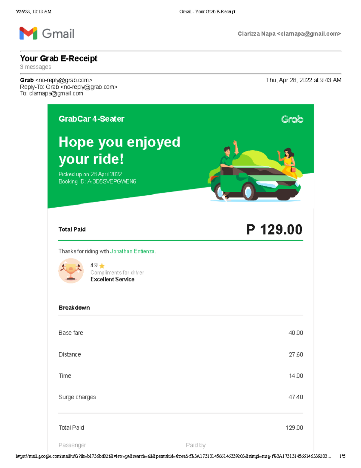 10 -Gmail - Your Grab E-Receipt - Clarizza Napa clarnapa@gmail Your ...