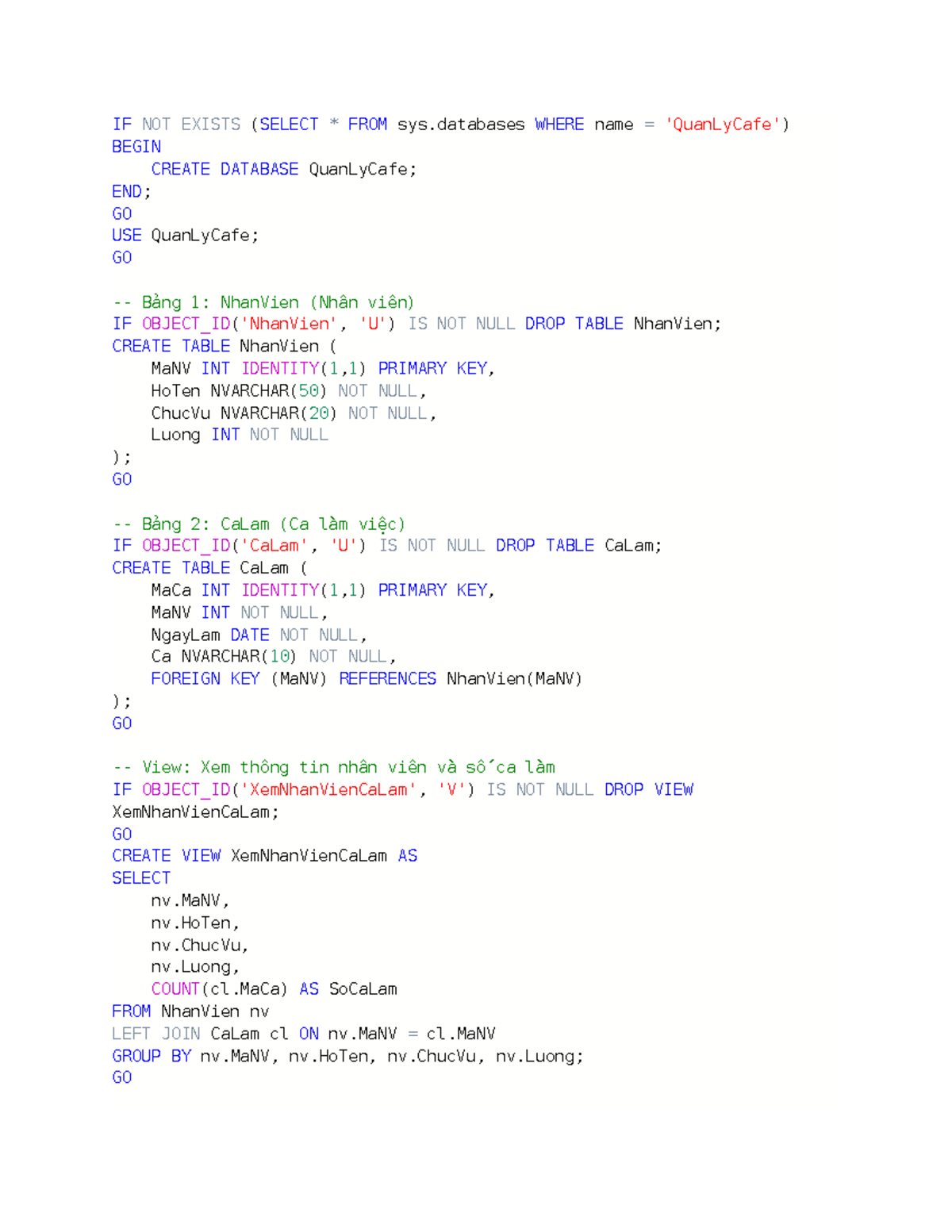 SQL CODE Project: Database Management for QuanLyCafe - Studocu