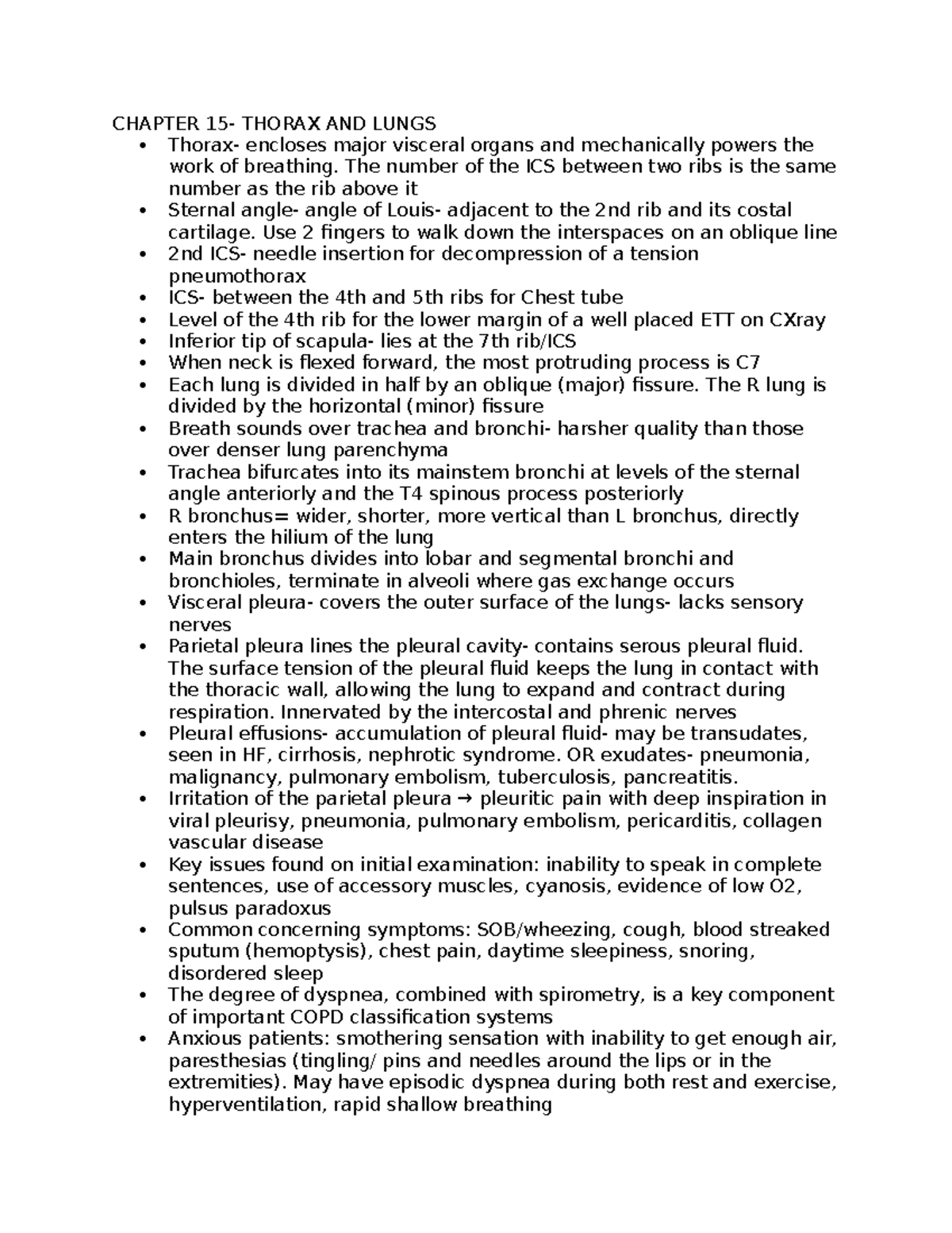 Health Assessment - Summary of Thorax and Lungs (Chapter 15) in Bates ...