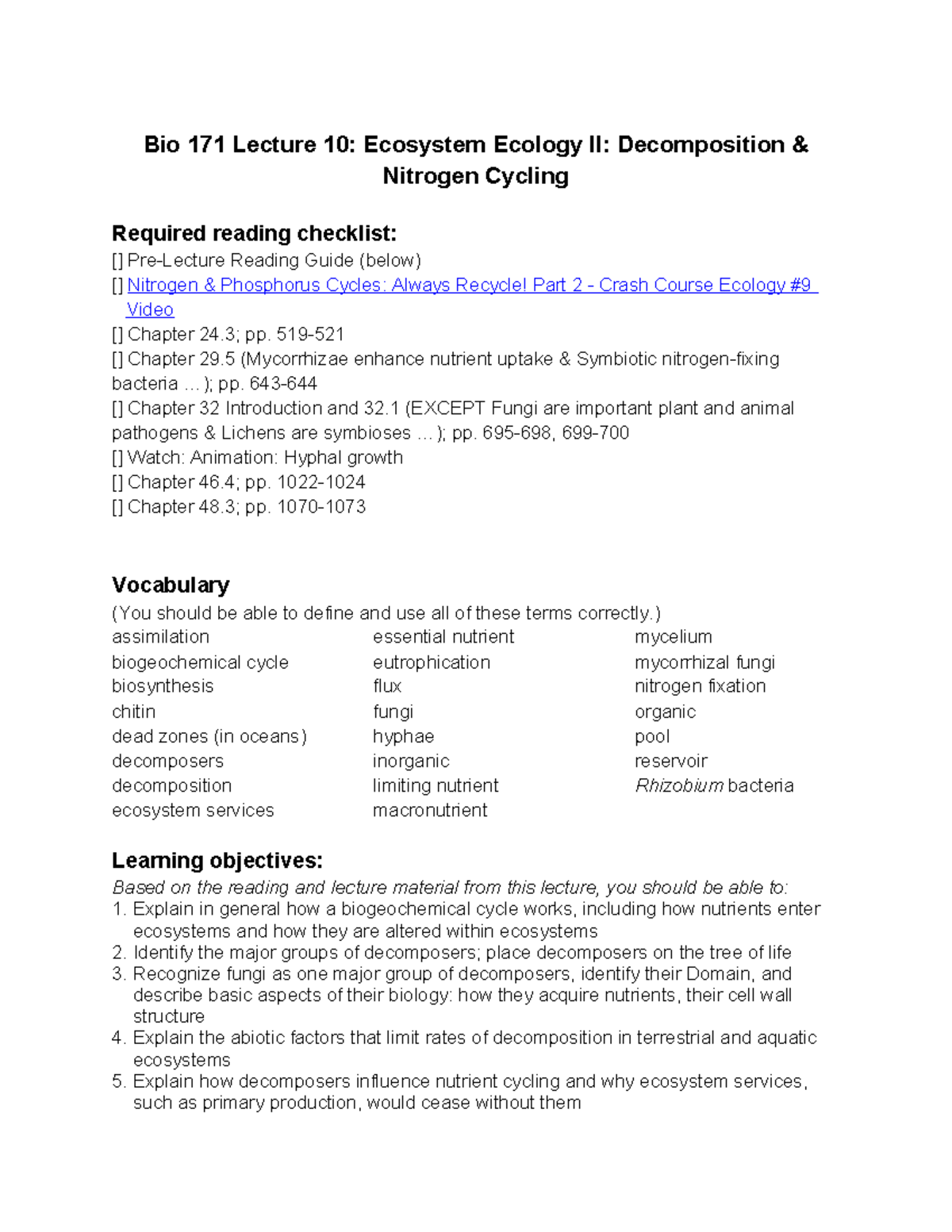 Bio 171 Lecture 10: Ecosystem Ecology II - Decomposition & Nitrogen ...