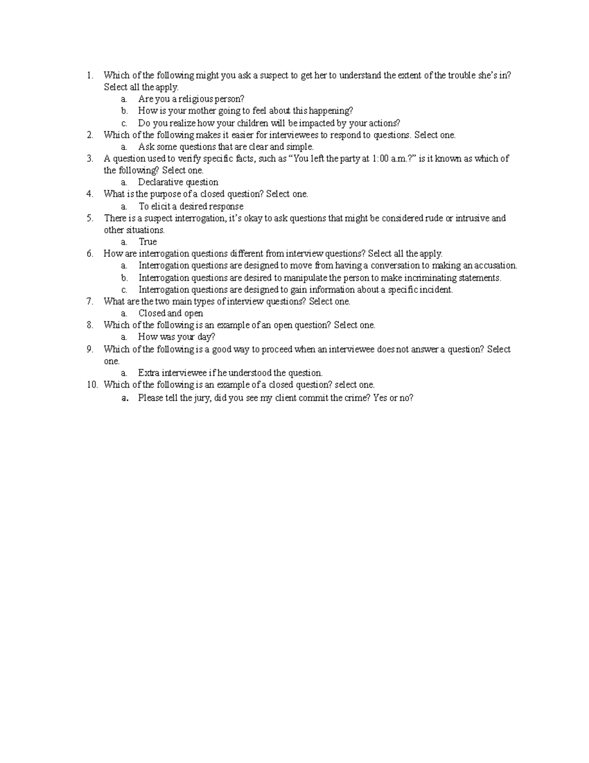 CJ-140 6-0 Interrogation Techniques: Knowledge Check Questions - Studocu