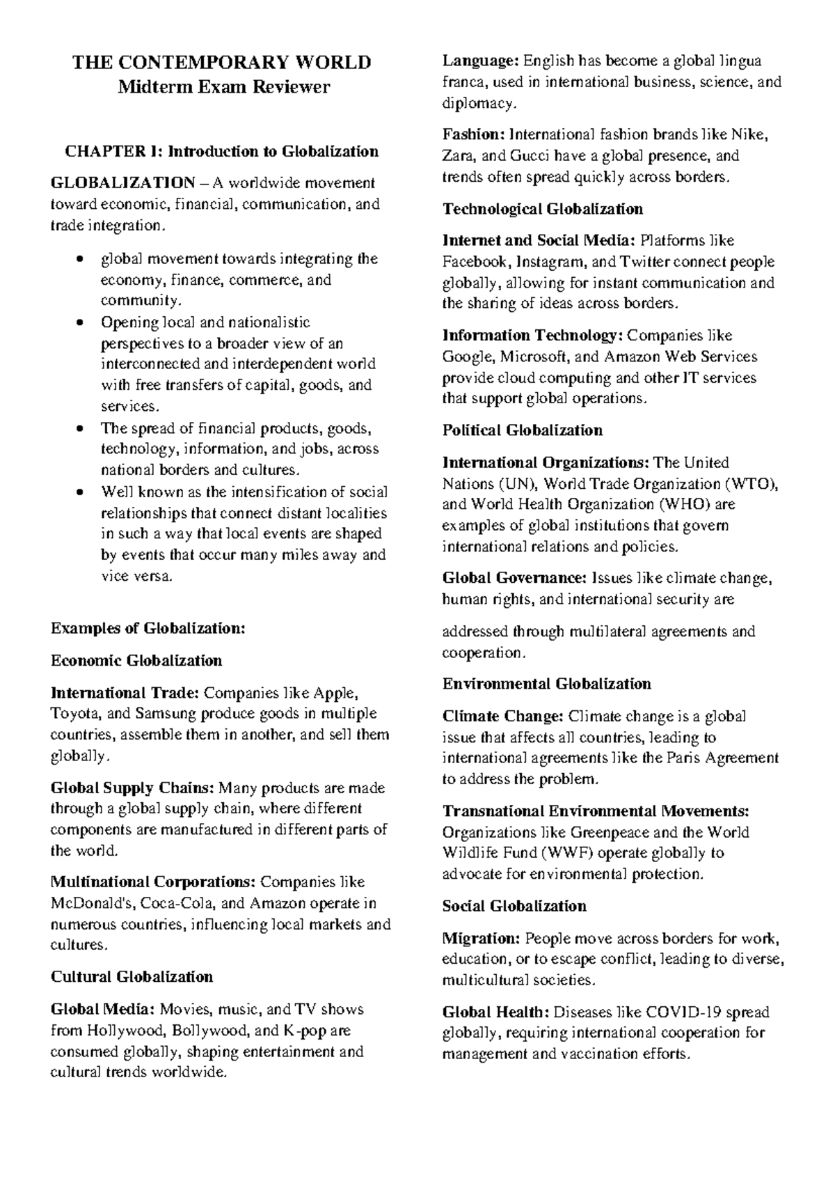 TCW- Contemporary World Midterm Exam Reviewer on Globalization - Studocu