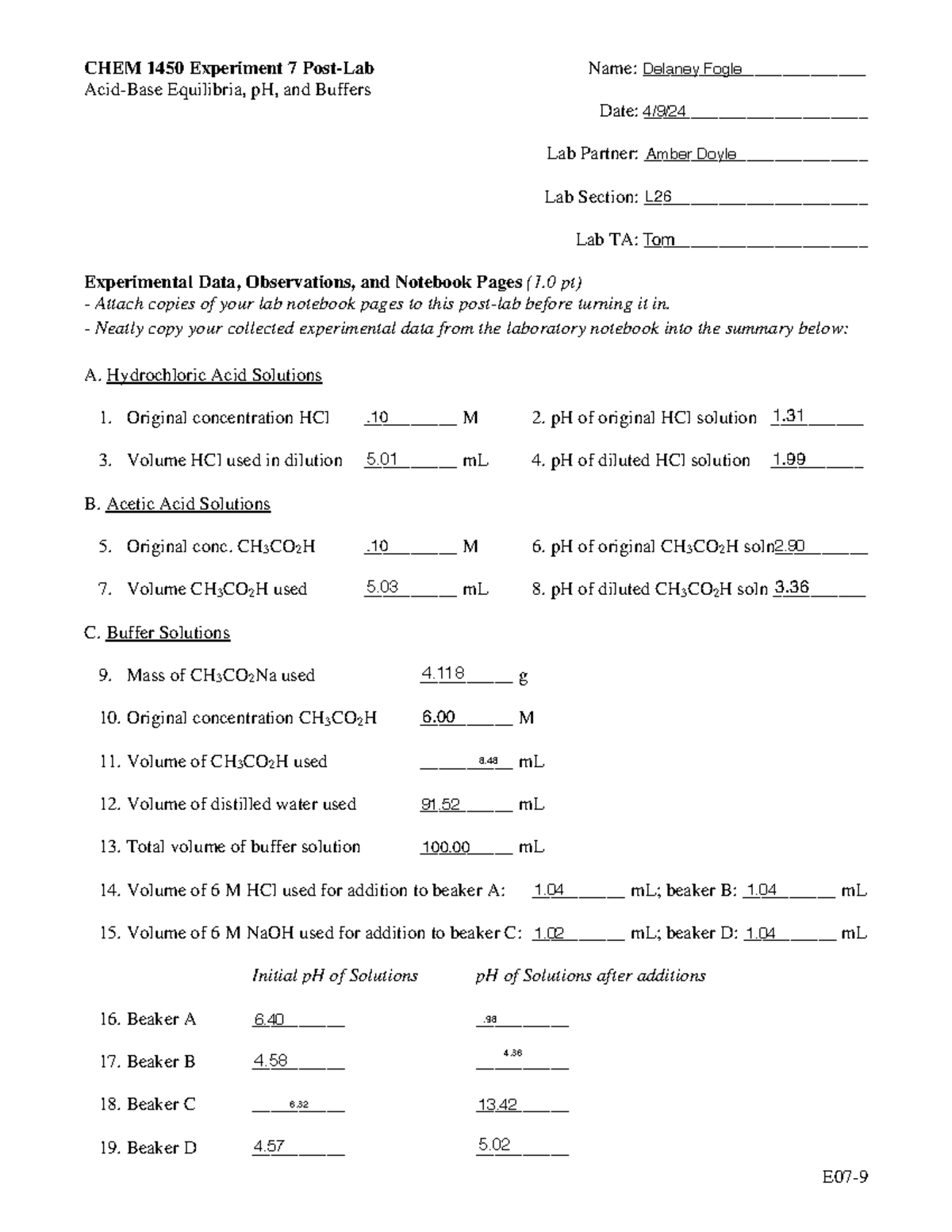 CHEM 1450 Experiment 7 Post-Lab on Buffers and Acid-Base Equilibria ...