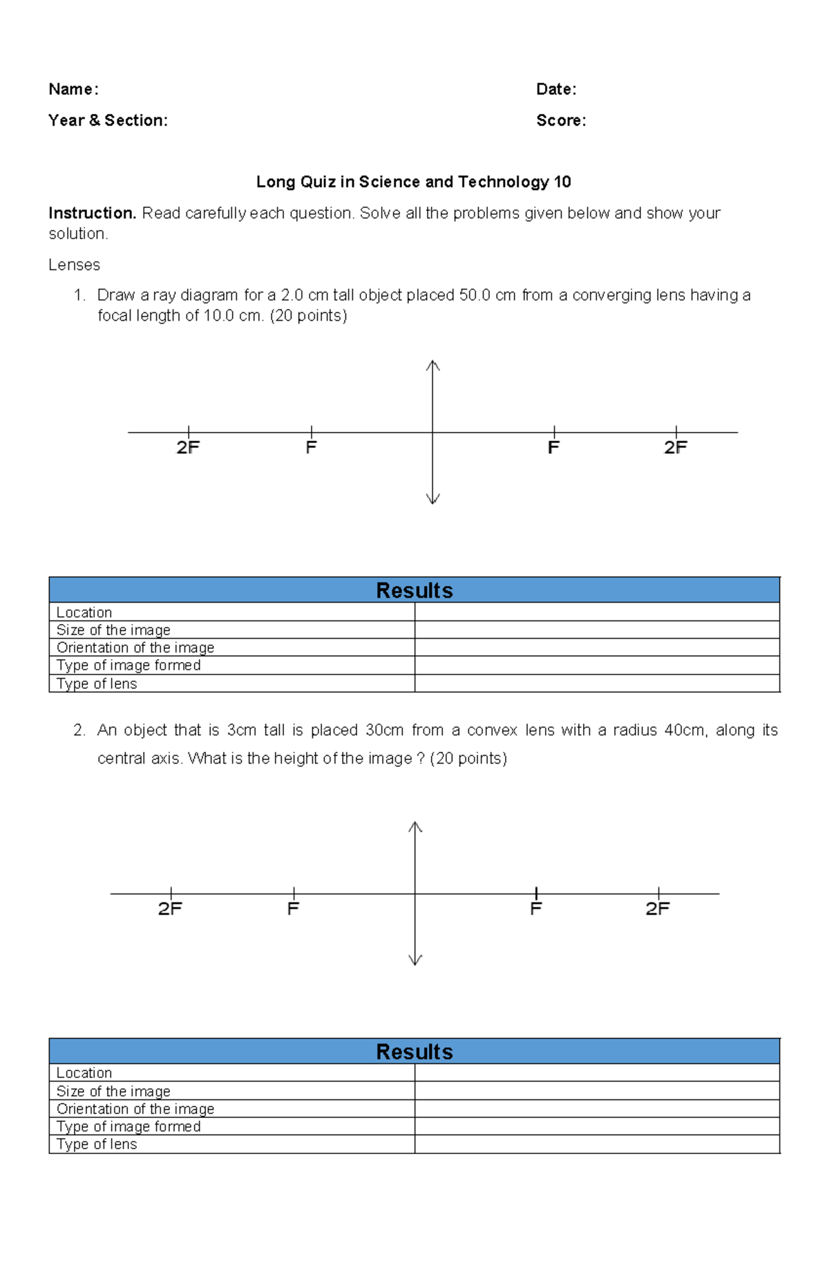 Long Quiz Scitech 10 - quiz - Name: Date: Year & Section: Score: Long ...