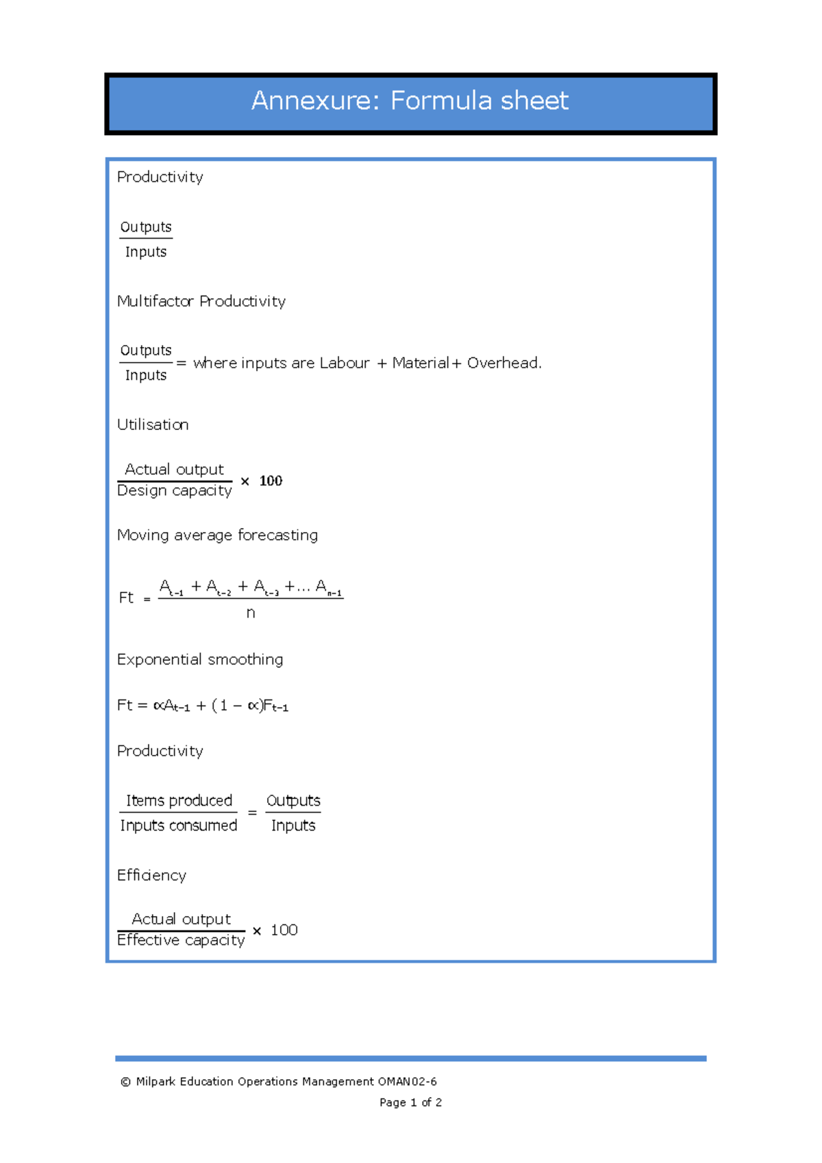 OMAN02-6 Formula Sheet: Productivity & Efficiency Metrics - Studocu