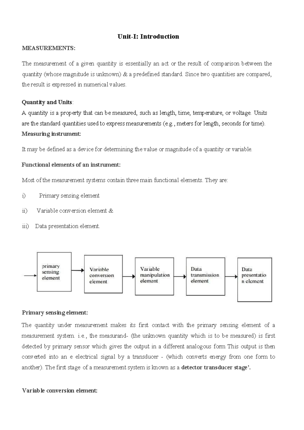 Unit 1 Notes: Introduction to Measurements and Instrumentation - Studocu