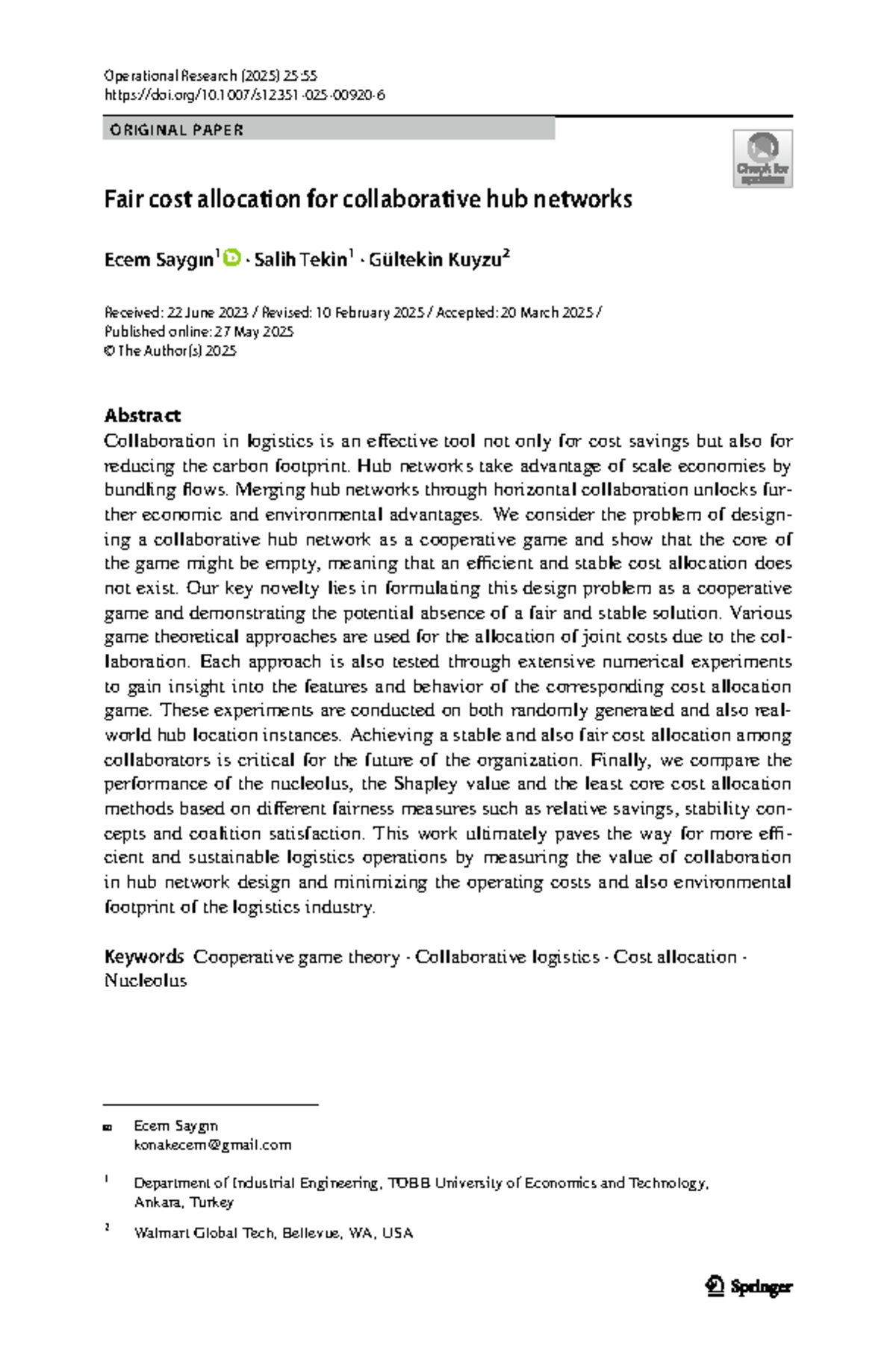 Fair Cost Allocation in Collaborative Hub Networks (OR 2025) - Studocu