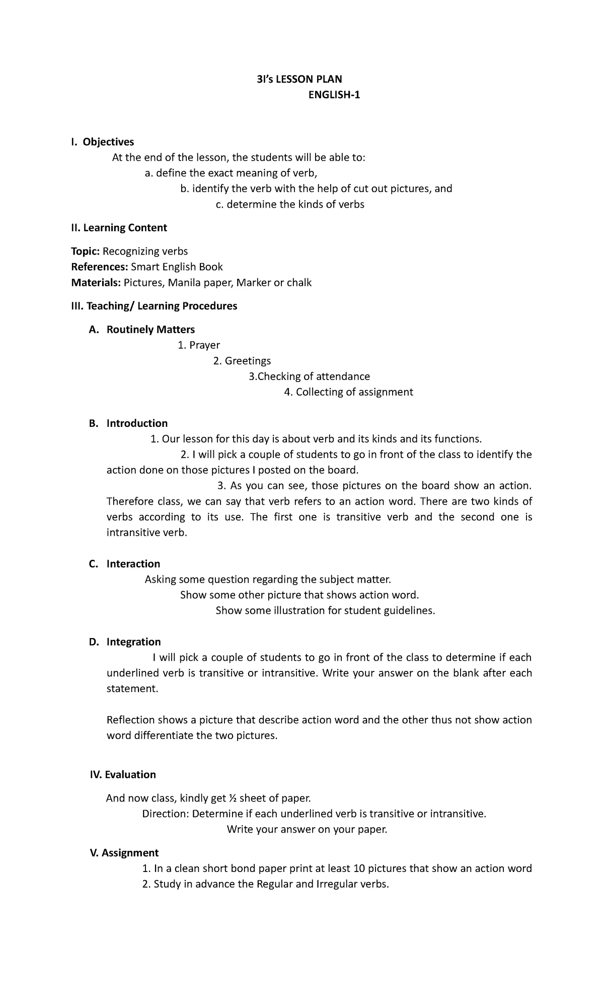 3I's LESSON PLAN: Recognizing Verbs - Objectives & Activities - Studocu