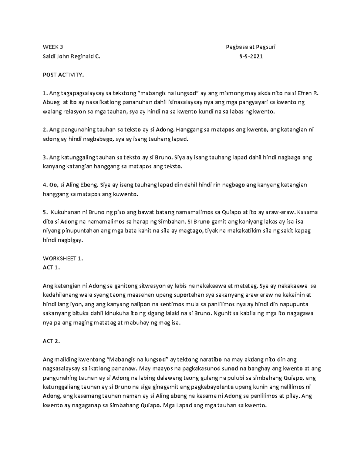 Pagbasa at Pagsuri week 3 - WEEK 3 Pagbasa at Pagsuri Saldi John ...