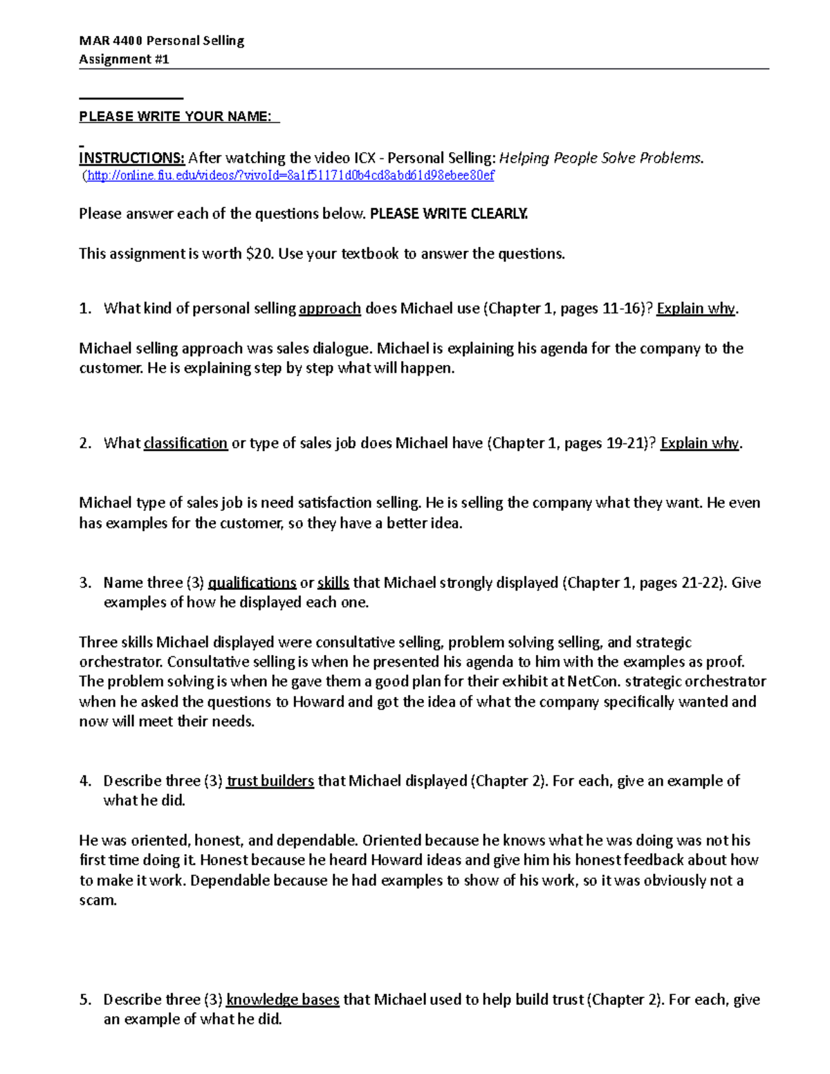 Assignment #1 - Personal Selling Analysis - MAR 4400 - Studocu