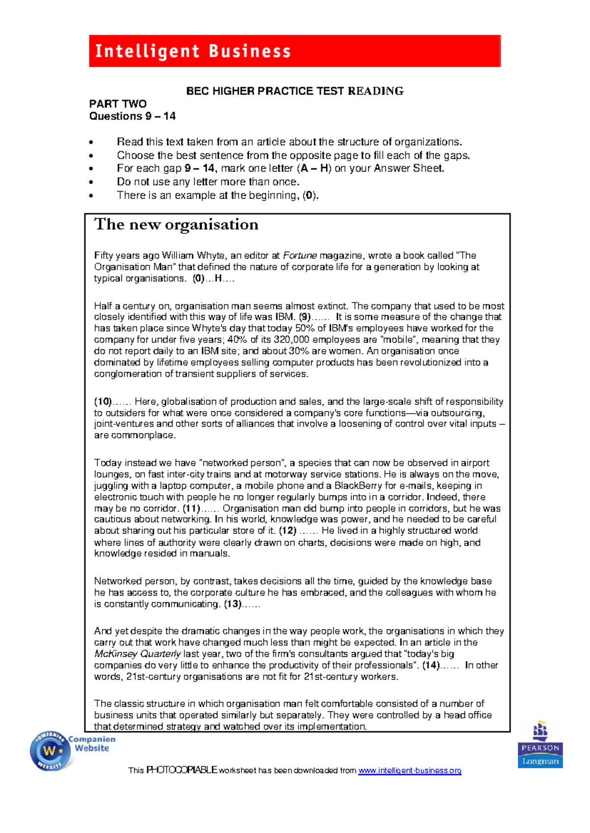 BEC Higher Practice Test: Reading Part Two (Questions 9-14) - Studocu