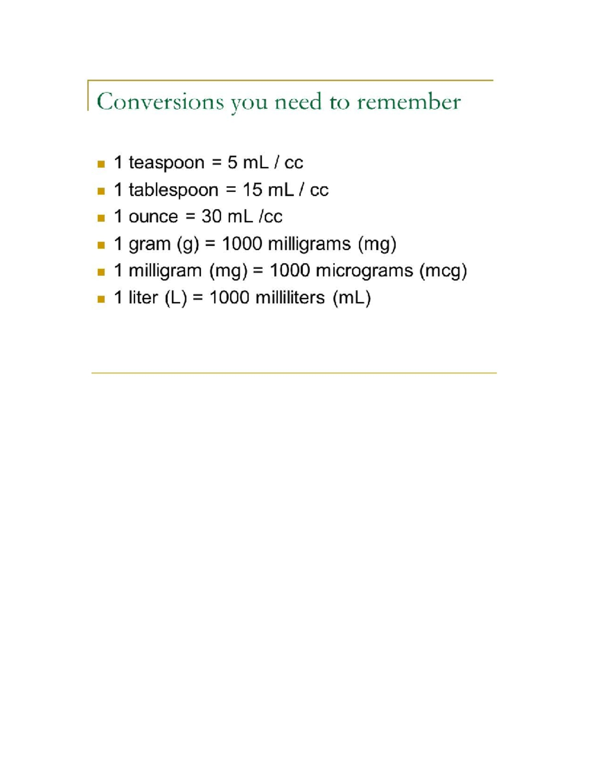 Dosage Calculation Conversions & Formulas for NursingSOS - Studocu