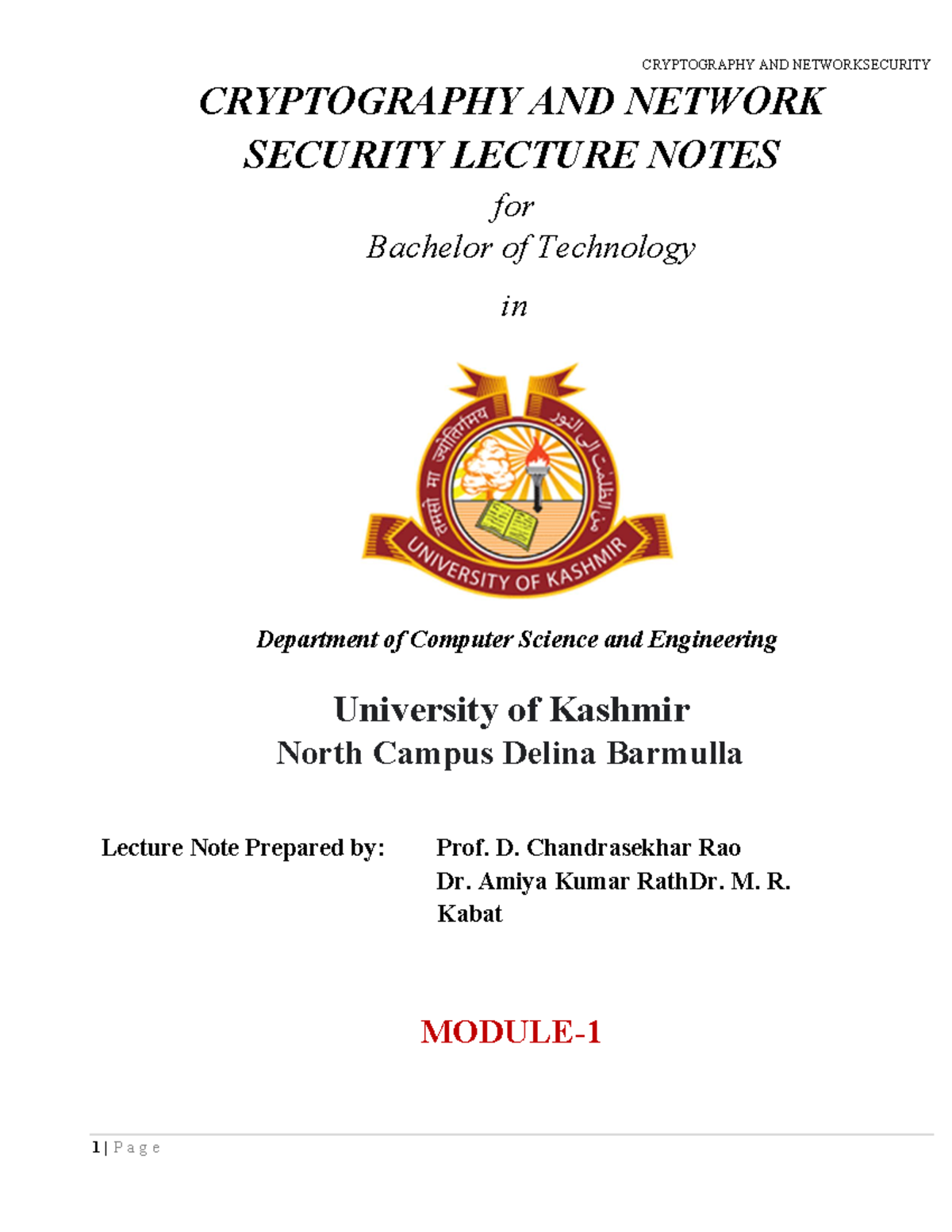 Cryptography and Network Security - Lecture Notes for Module 1 - Studocu