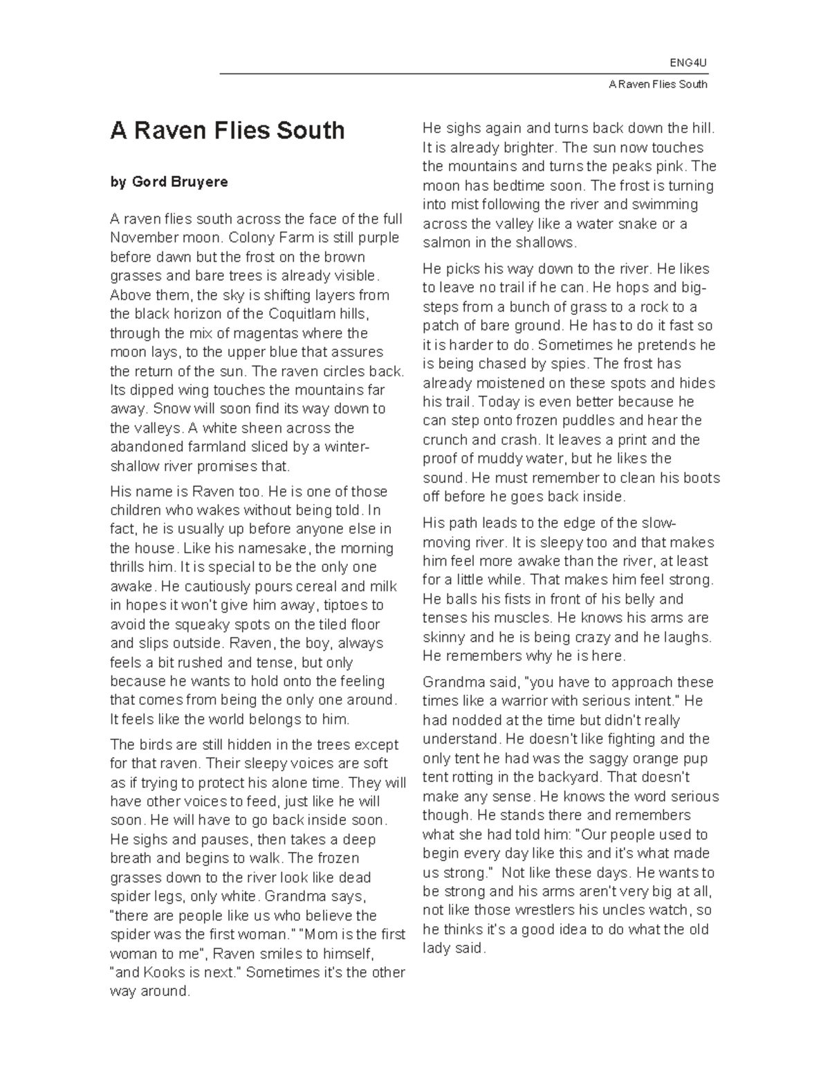 ENG4U A Raven Flies South - Essay Reading Analysis - Studocu