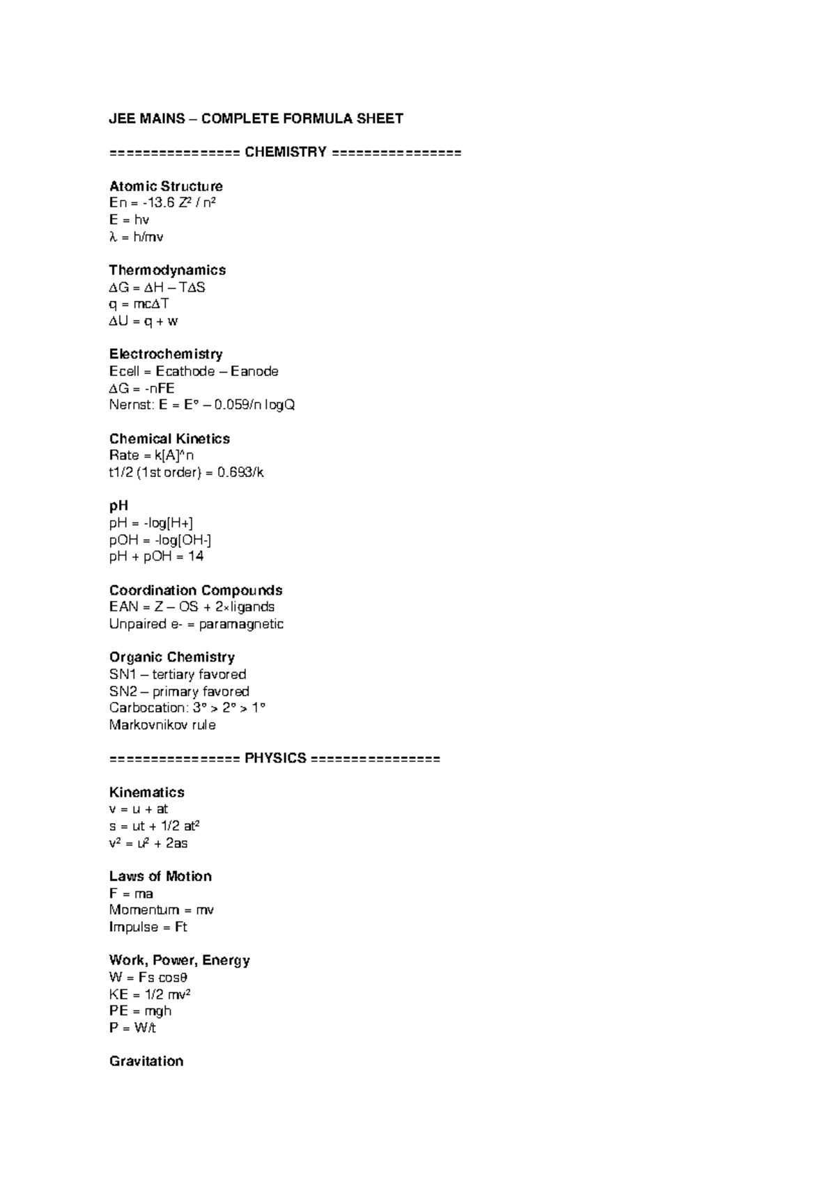 JEE Mains Complete Formula Sheet: Chemistry & Physics Essentials - Studocu