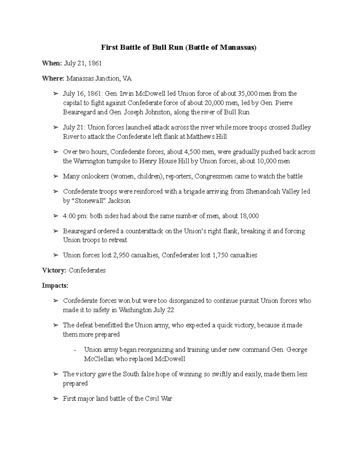 First Battle of Bull Run (Battle of Manassas) - Irvin McDowell led ...