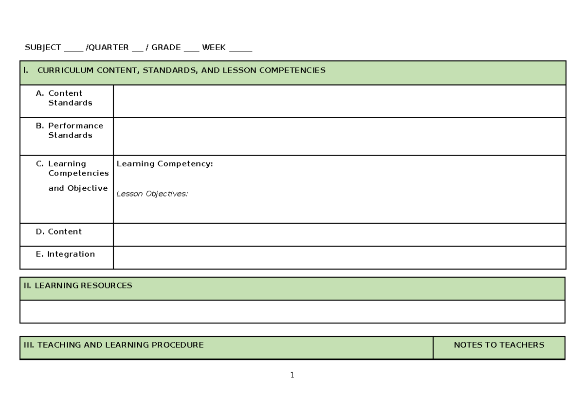 Template for Lesson Planning: Curriculum Content & Competencies - Studocu
