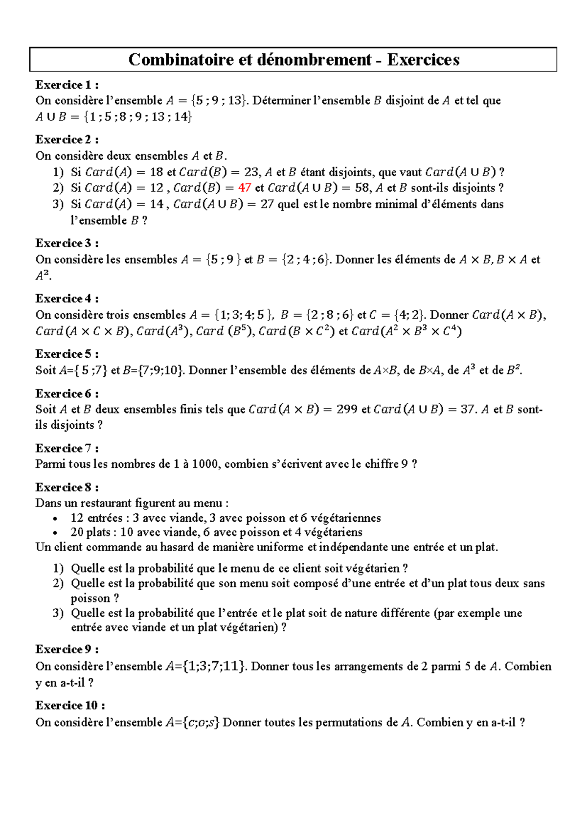 Exercices de Combinatoire et Dénombrement - MAT1234 - Studocu