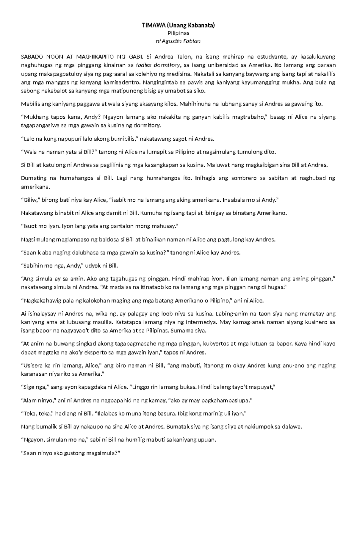 TIMAWA: Unang Kabanata - Filipino 9 Literature Summary - Studocu