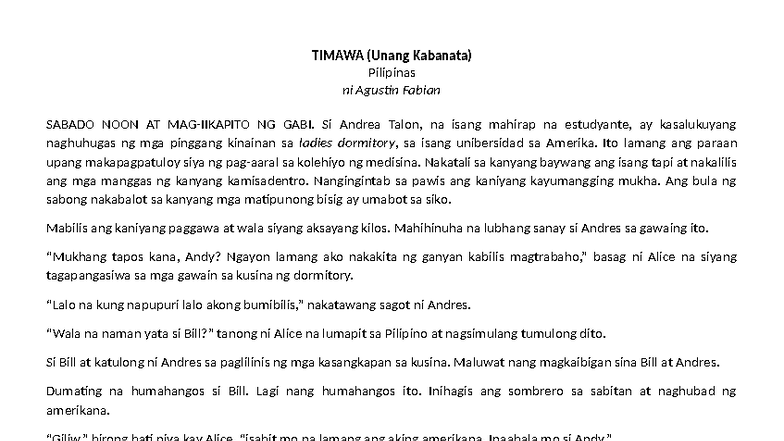 TIMAWA: Unang Kabanata - Filipino 9 Literature Summary - Studocu
