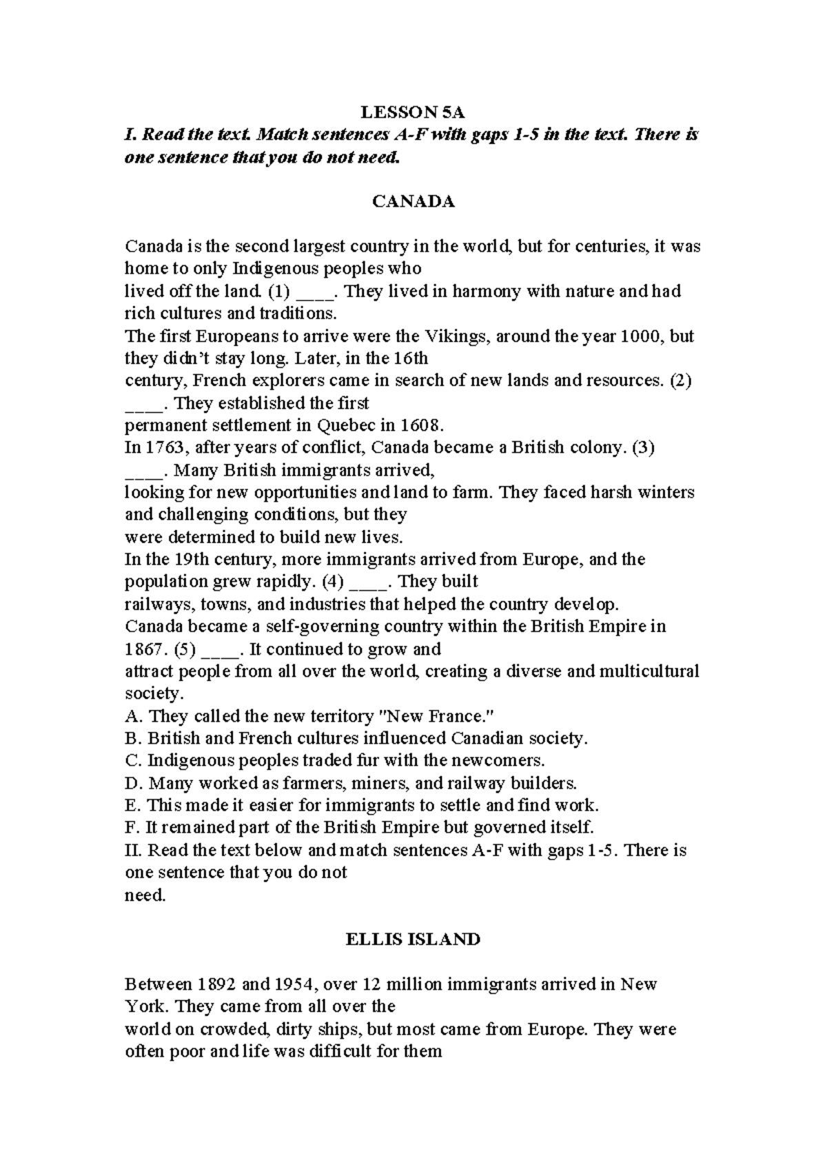 Lesson 5A - Reading Comprehension on Canada and Ellis Island - Studocu