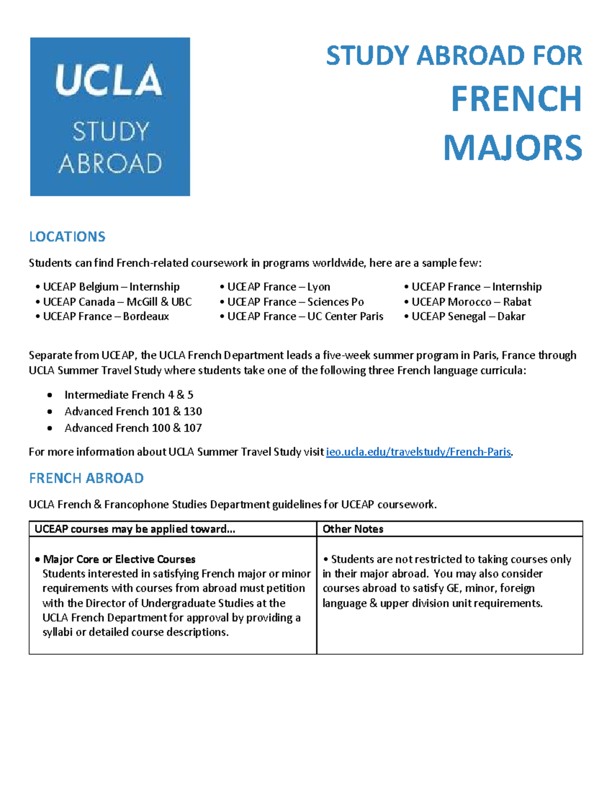 STUDY ABROAD OPTIONS FOR FRENCH MAJORS: UCEAP & UCLA - Studocu