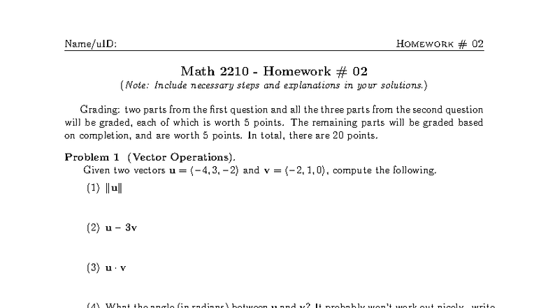 Math 2210 Weekly Homework 02: Vector Operations Solutions - Studocu
