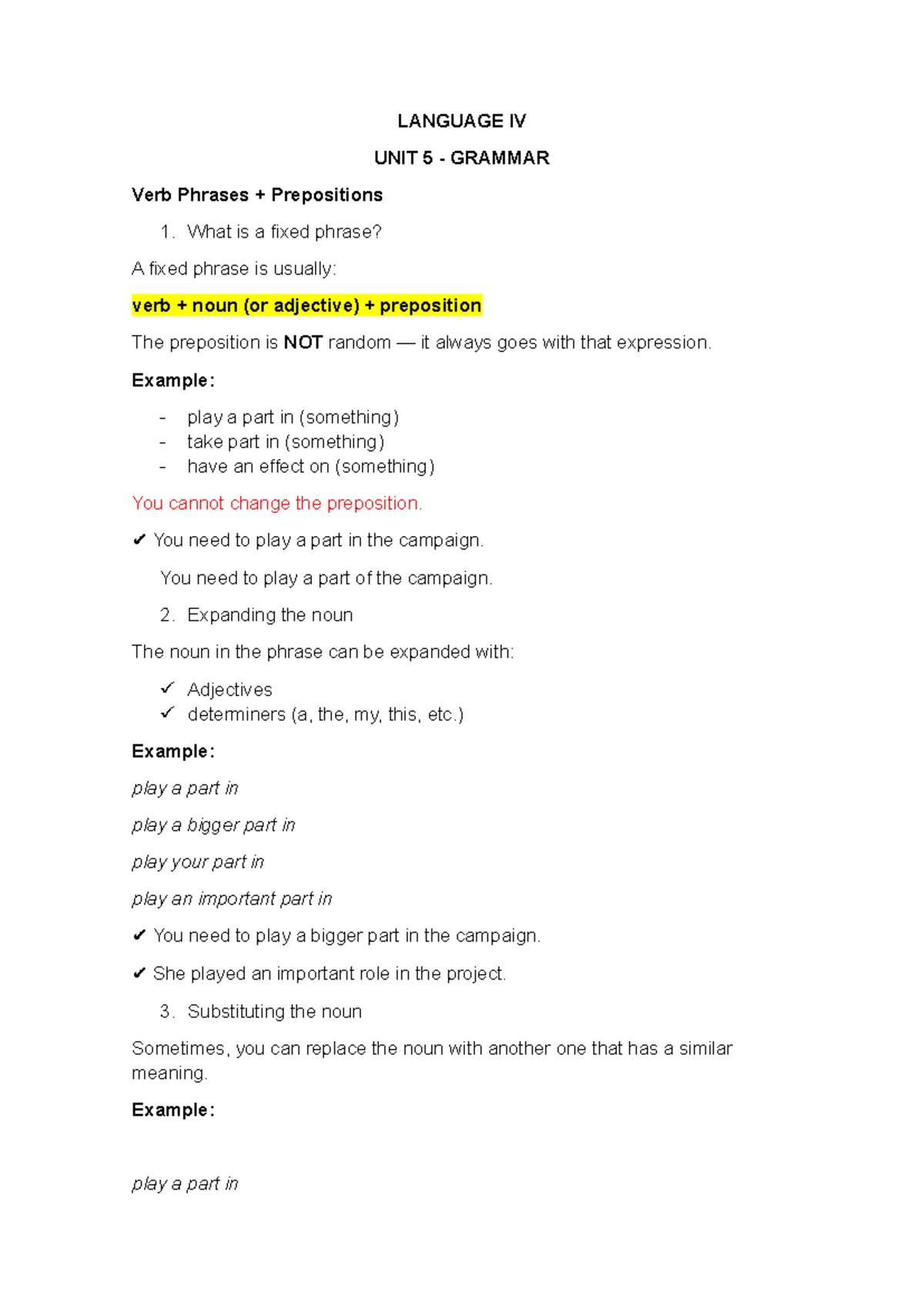 LANGUAGE IV UNIT 5 GRAMMAR: Verb Phrases & Prepositions - Studocu