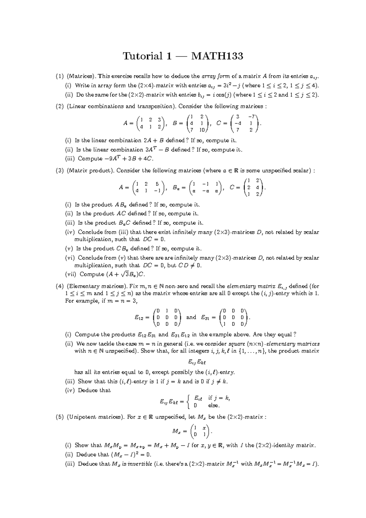 Tutorial 1 MATH133 - Practice questions on matrices and operations ...