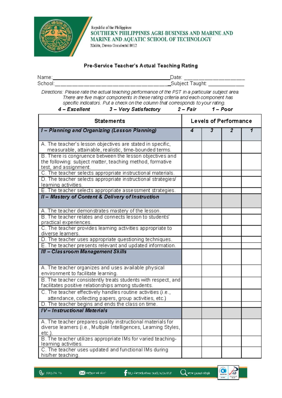 Pre-Service Teacher Evaluation Rating Sheet: Teaching Performance - Studocu