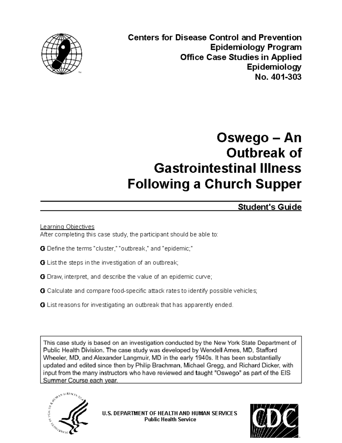 Oswego Case Study: An Investigation of a GI Outbreak at a Church Supper ...