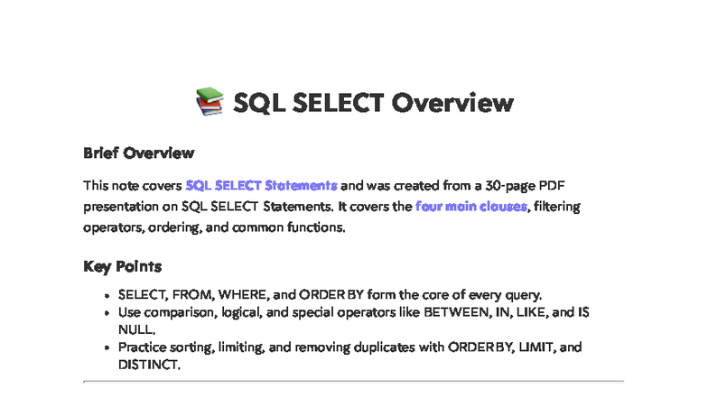 SQL SELECT Statements Overview: Key Clauses & Functions - Studocu