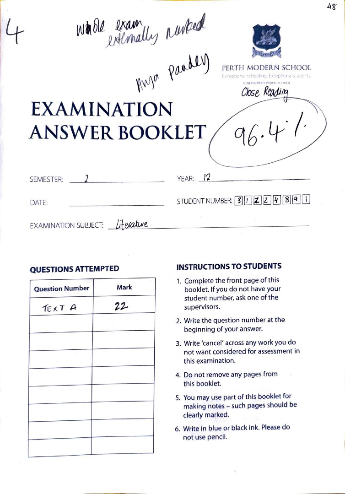 PERTH MODE RN SCHOOL EXAMINATION ANSWER BOOKLET 2024 - Studocu