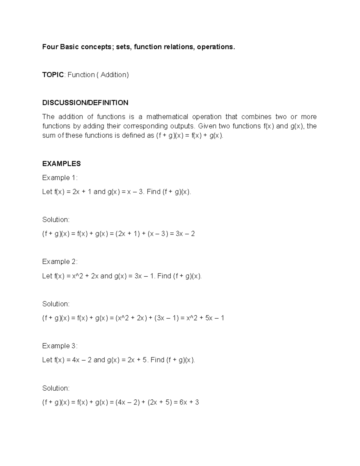 Function Addition: Basic Concepts, Examples & Practice Problems (MATH101) - Studocu