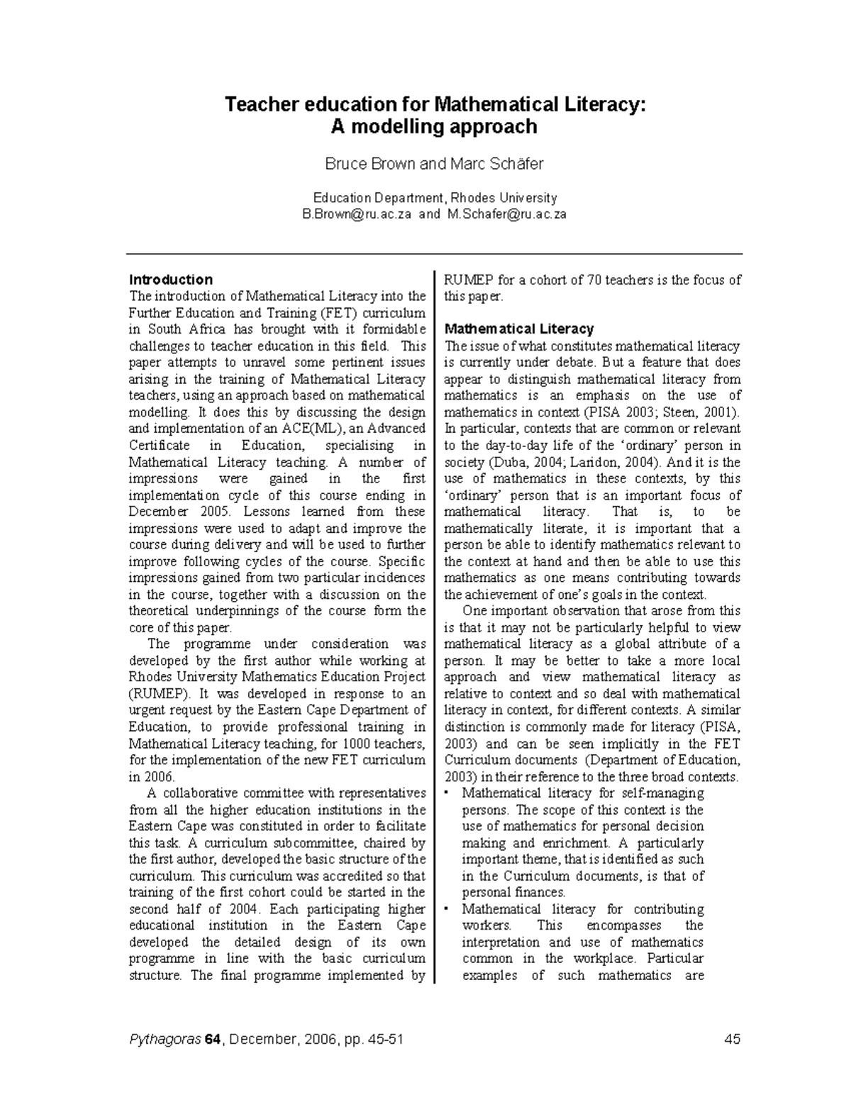 **ACE(ML) Teacher Education for Mathematical Literacy: A Modelling ...