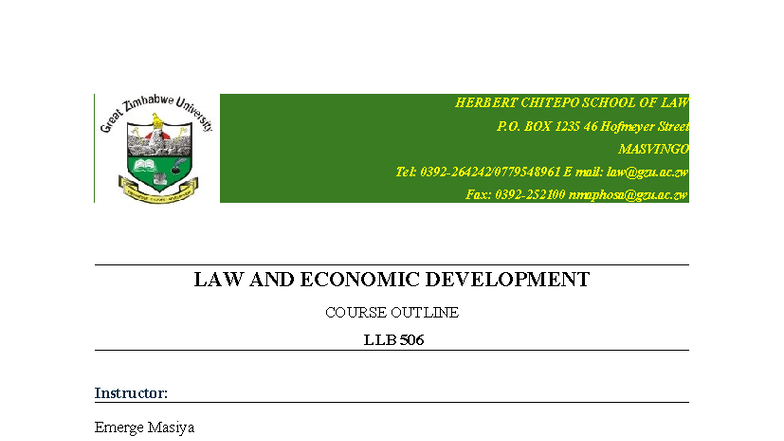 Course Outline: Law and Economic Development LLB 506 - Studocu