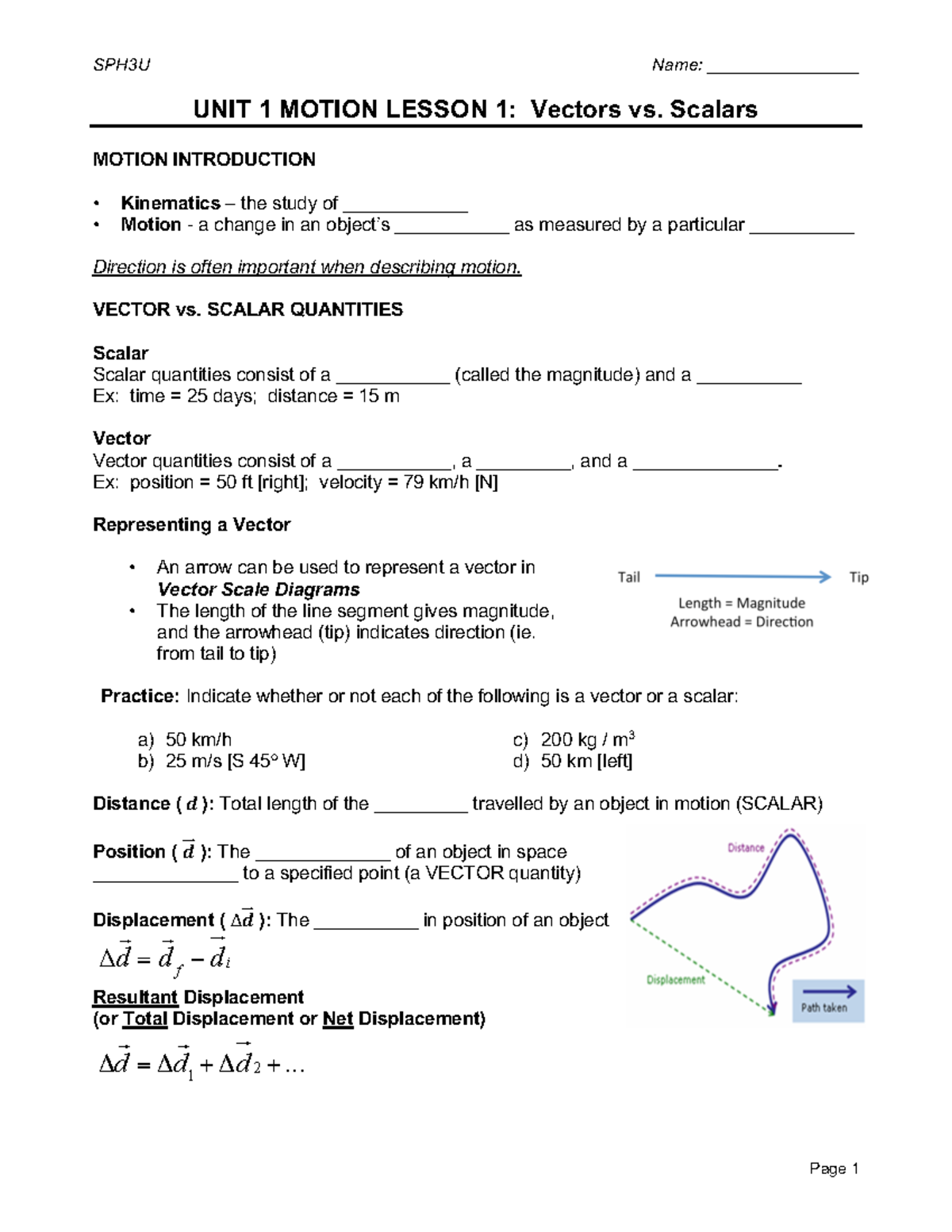 U1 Motion Student Notes: Vectors, Scalars, Speed, and Acceleration ...