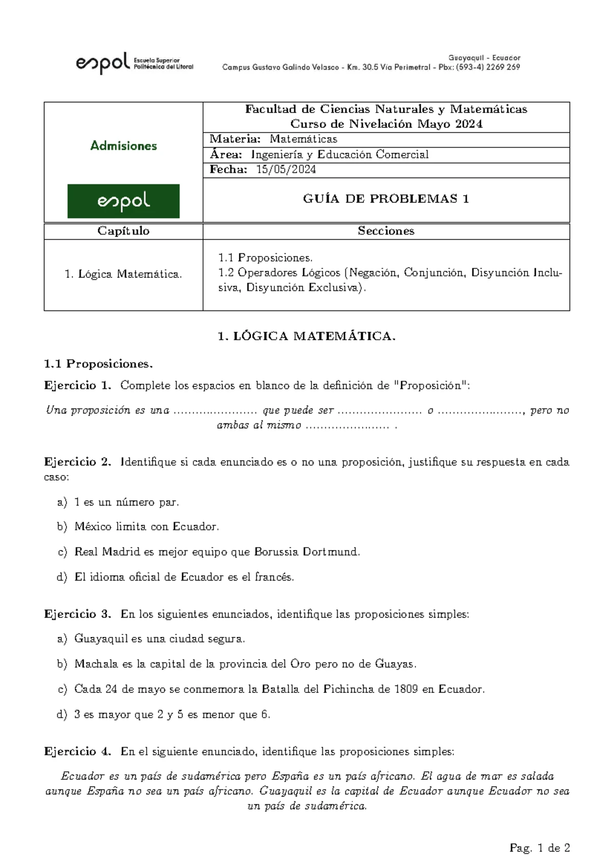 Prueba de aptitud Espol - Nivelación - Studocu