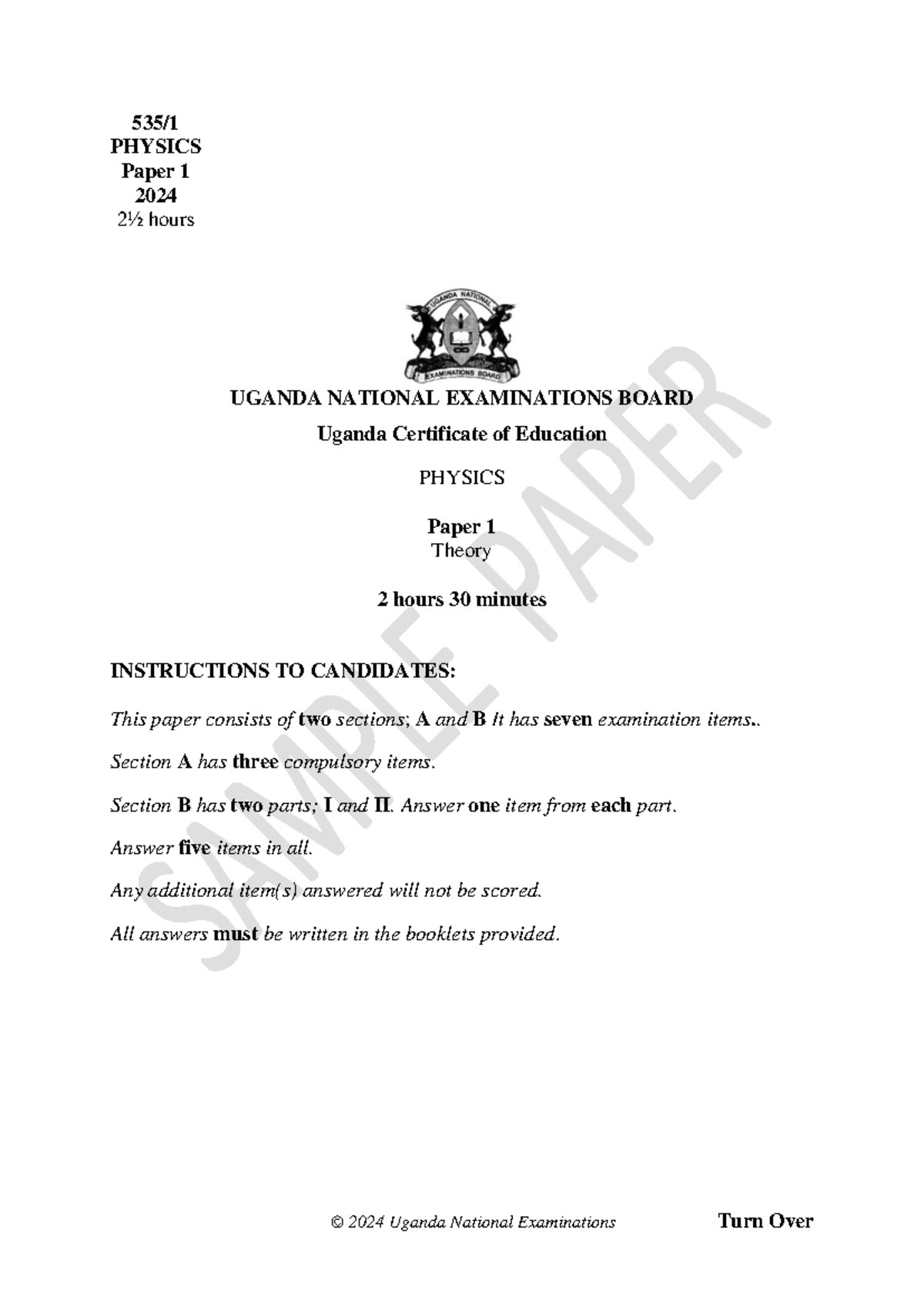 535 1 NLSC Physics Paper 1 Sample Exam 2024 Guidelines - Studocu