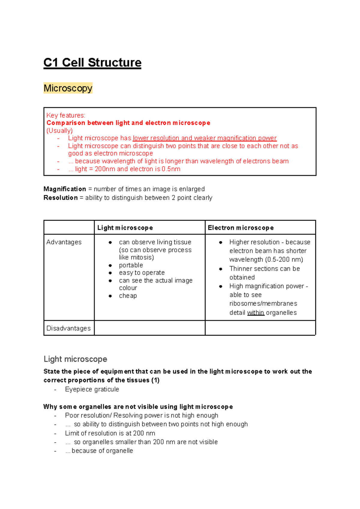 C1 AS Biology: Cell Structure & Microscopy Comparison Notes - Studocu