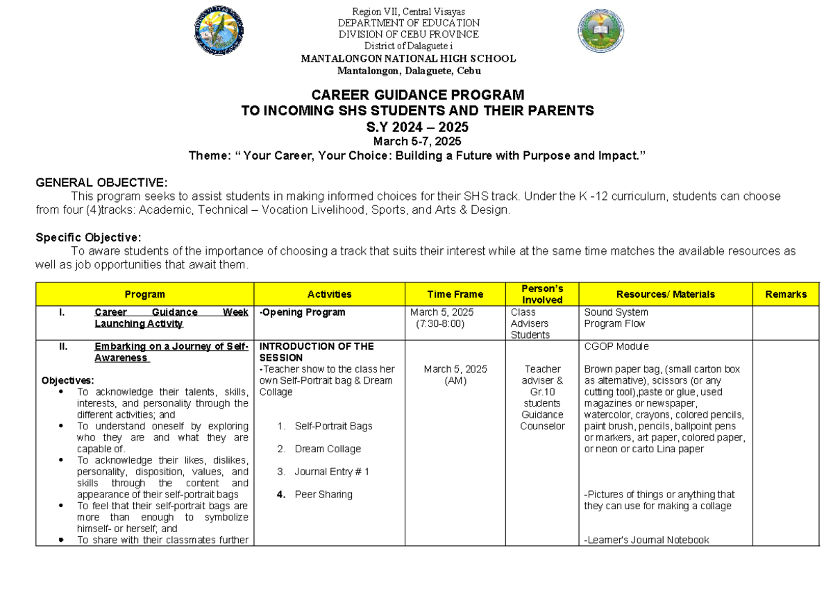 Action Plan for Career Guidance Program - CGP 2025 - Studocu