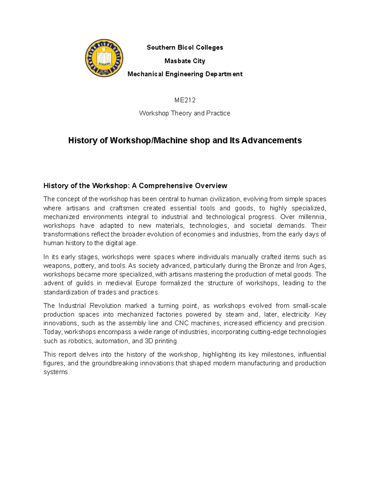 ME 212 Workshop Theory: Evolution & Advancements Overview - Studocu