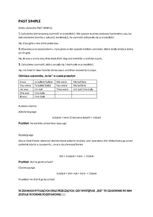 Notatka o czasie przeszłym - Past Simple - gramatyka i przykłady - Studocu