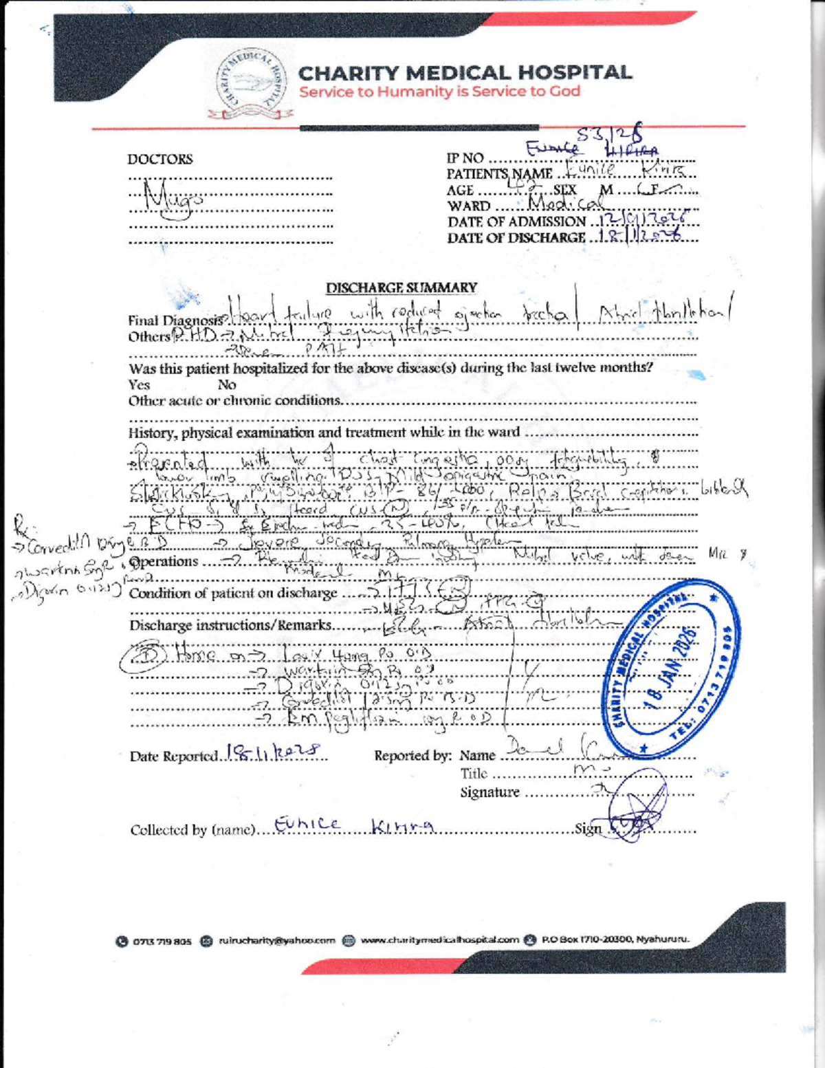 Discharge Summary for Patient Eunice Wahito - GGVH - Studocu